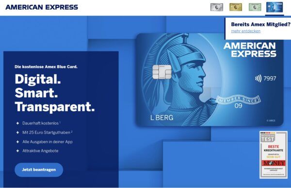 AMEX Blue: dauerhaft gebührenfrei + 25€ Startguthaben